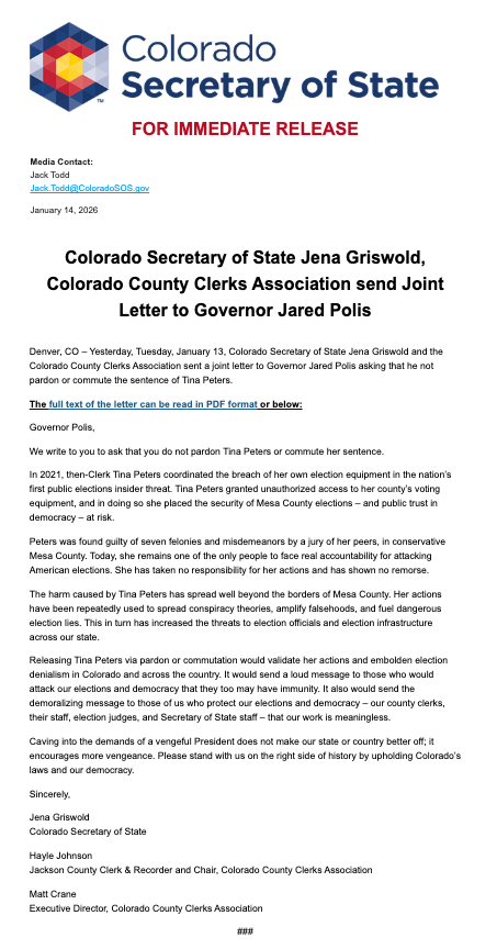 Griswold, county clerks urge Polis to reject clemency for Tina Peters ...